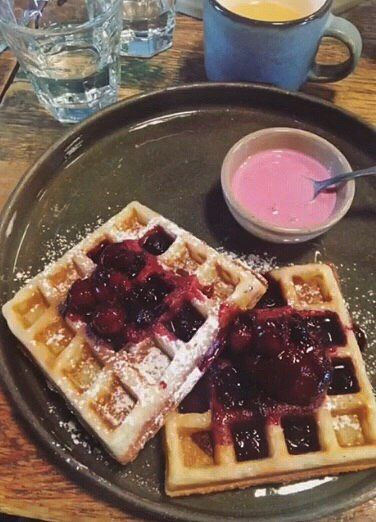 Waffles with cherry jam and sauce | Scrolller