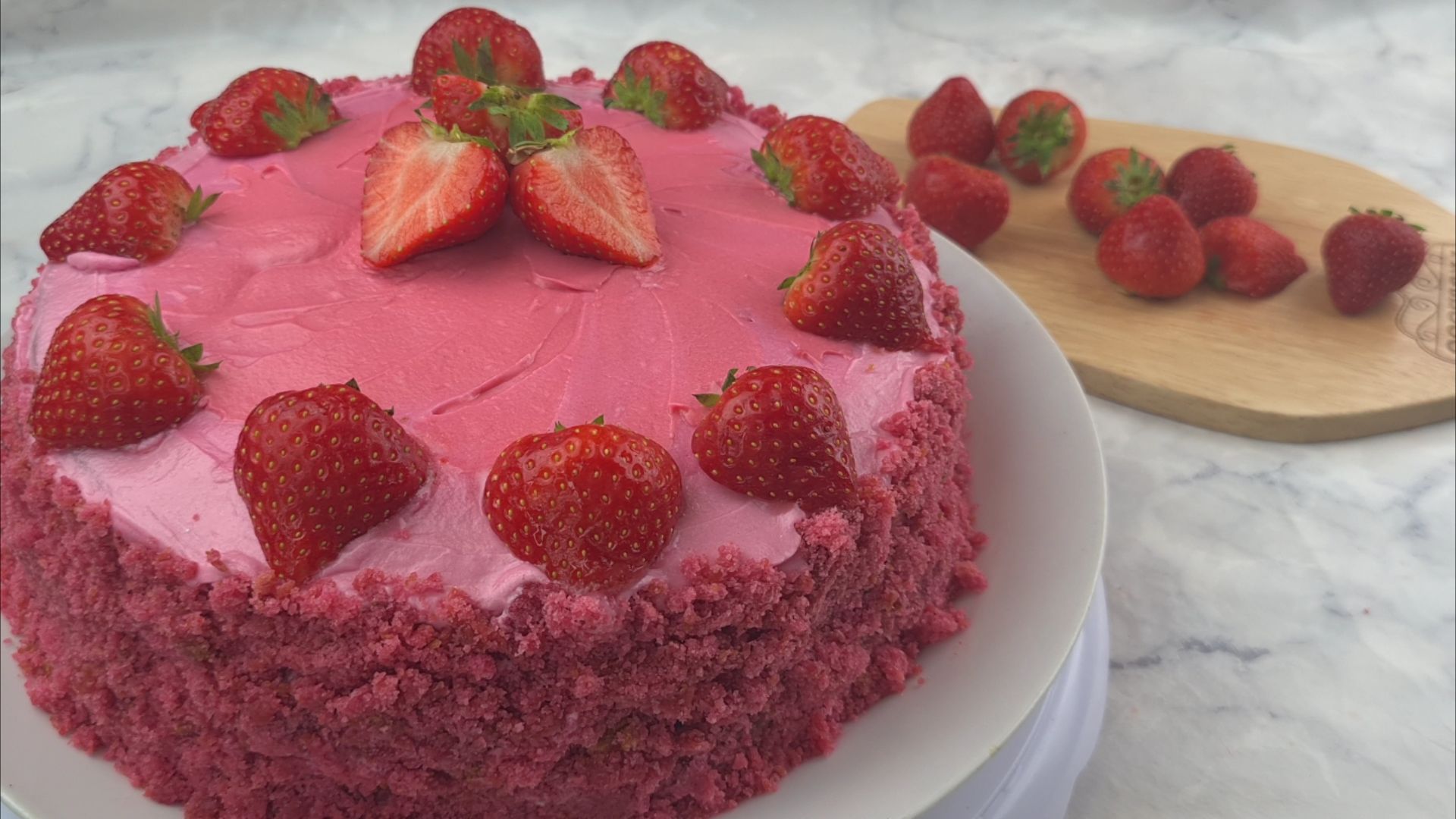 Wanted to try making a strawberry cake with actual strawberries in it! Filling is creamcheese ...