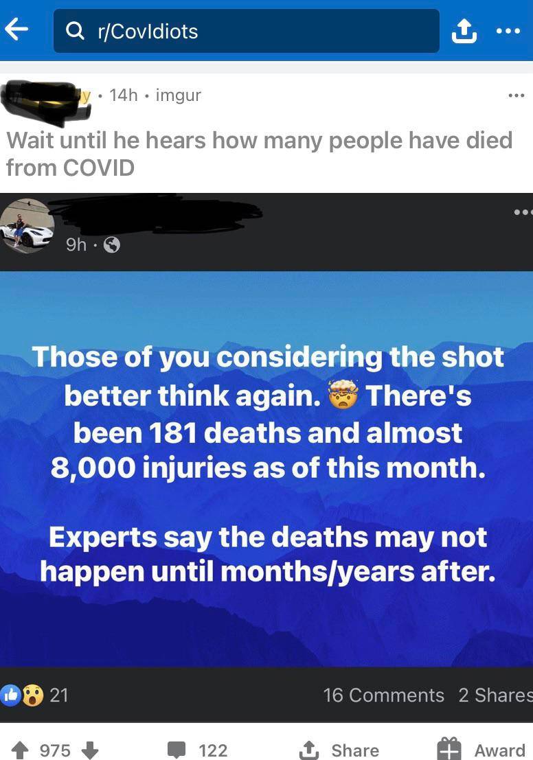 Welcome to 2021, where idiots believing Fake statistics make fun of idiots believing different ...