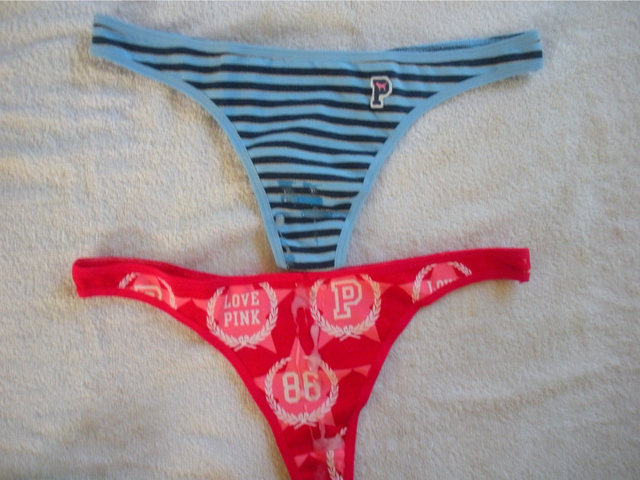 When you've got two of your sister's VS thongs (small) which one do you cum on? Both of course ...