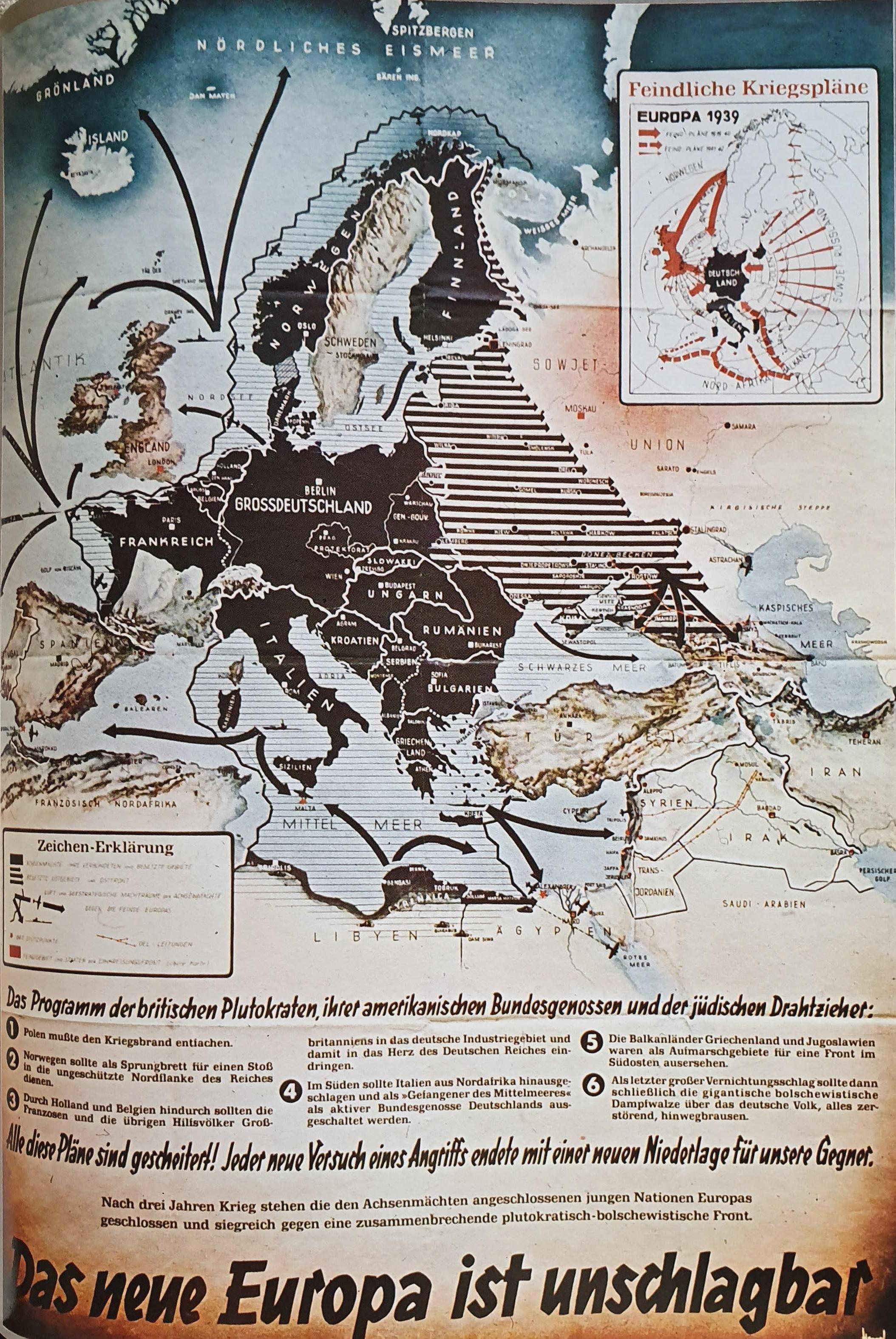 WWII German propaganda map showing the strength of the "New Europe" and Axis plans for 1942 ...