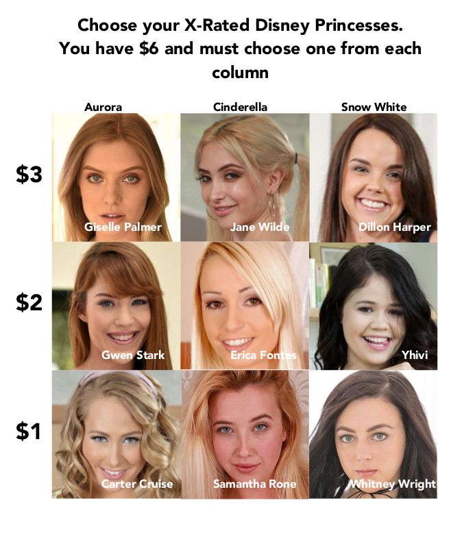You have $6. Pick your X-Rated Disney Princesses: (Giselle Palmer, Jane Wilde, Dillon Harper ...