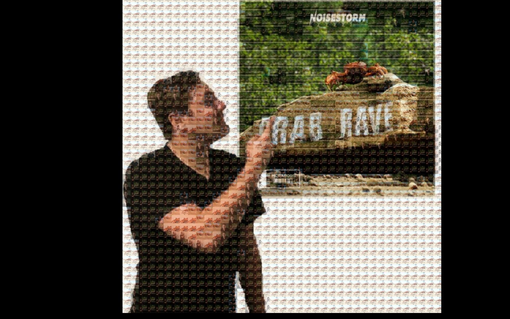 A Picture of Mike Darlington pointing to Crab Rave, made out of pictures of Darlington and Crab ...