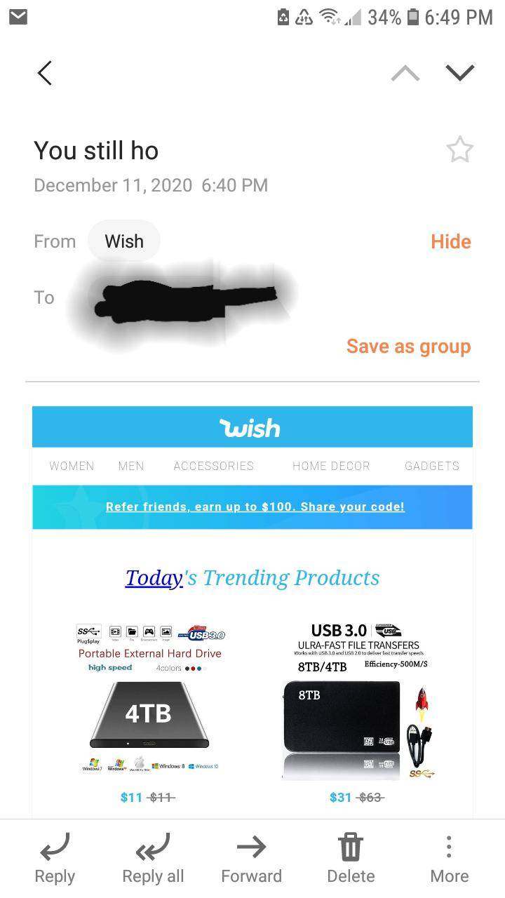 An actual email I got from wish.com :( | Scrolller