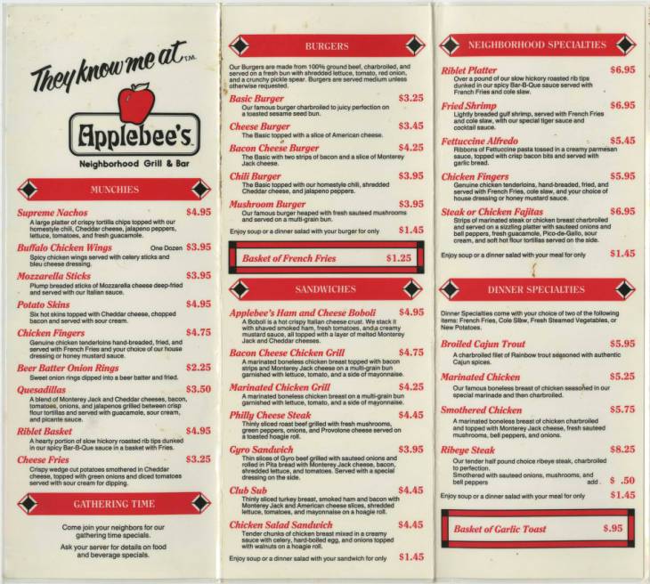 Applebee's Menu (1986) | Scrolller