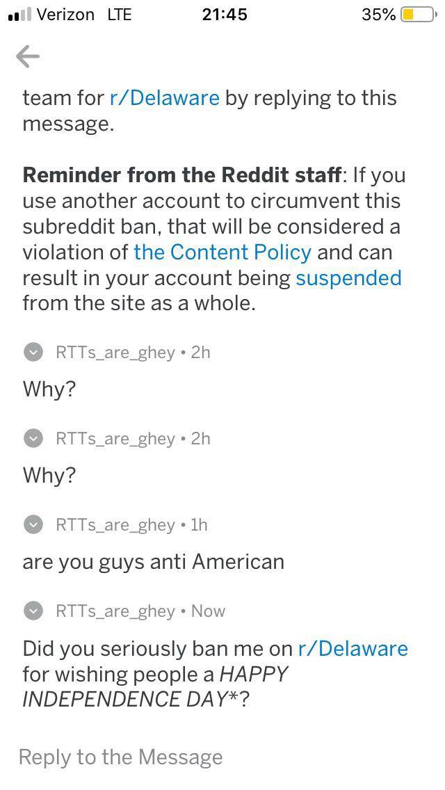Banned on r/Delaware for wishing people a “Happy Independence Day!” | Scrolller