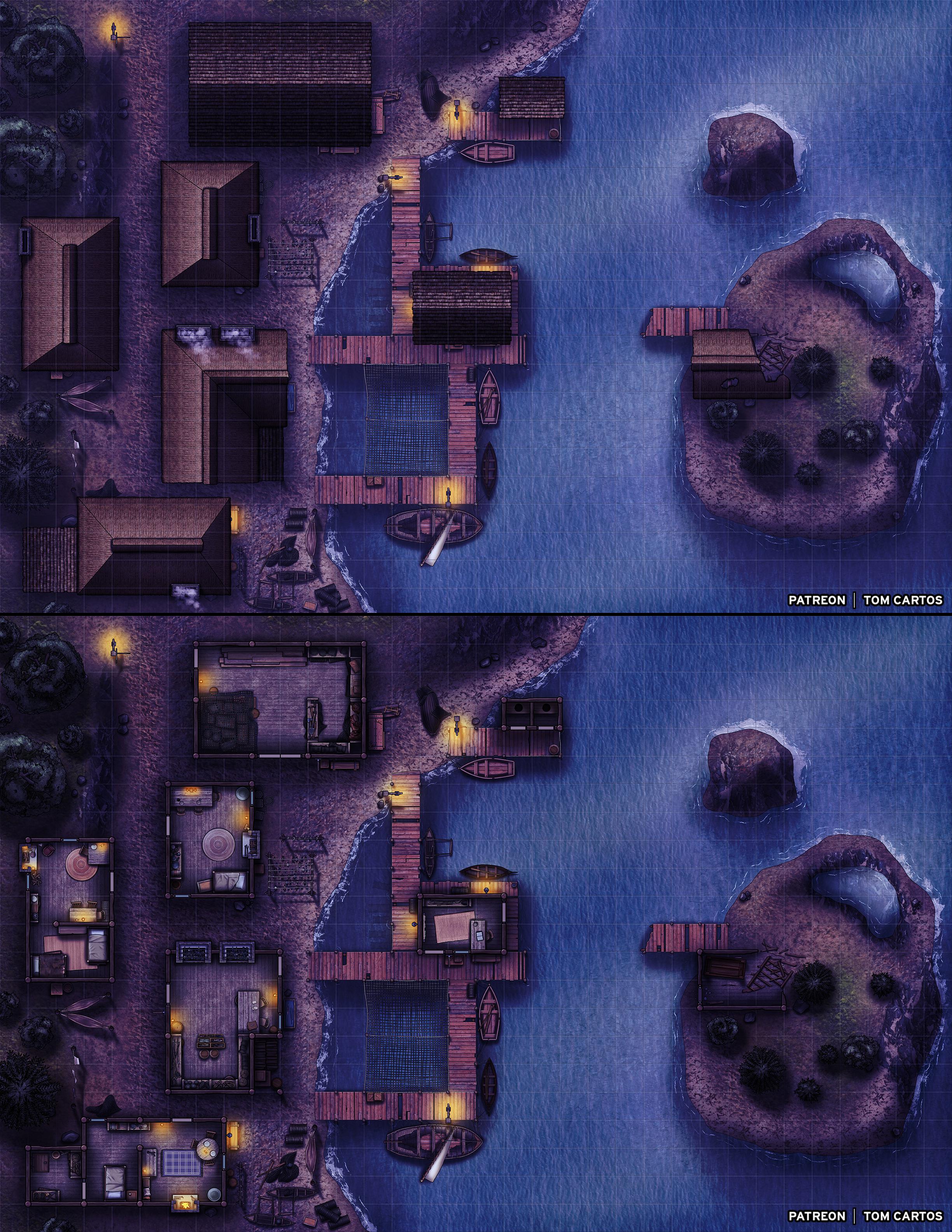 [Battlemap] [Night] [Harbour] Dockside at Night - A Small Fishing Village & Harbour [34x22x2 ...