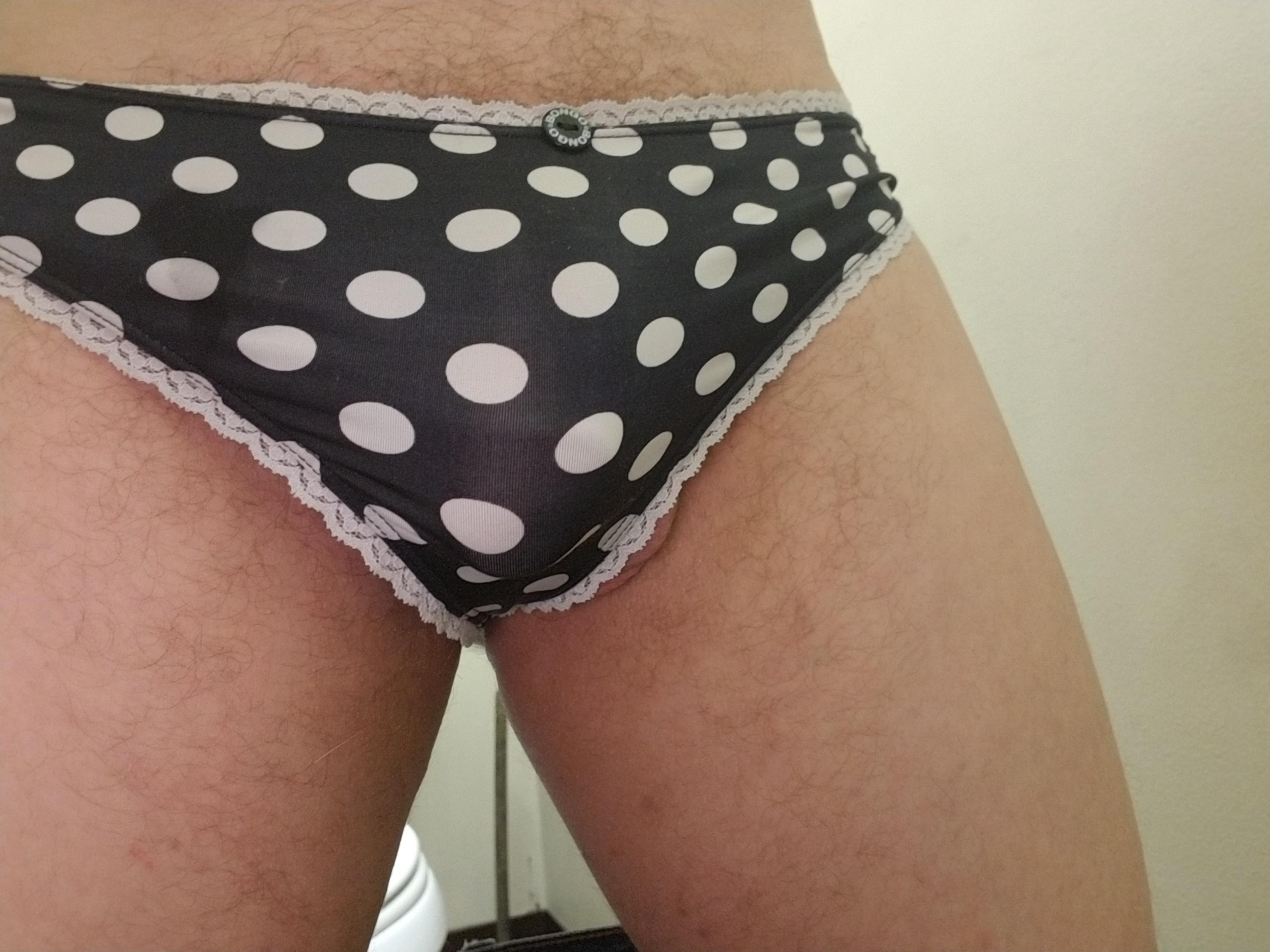 Black thong, white polka dots, very slightly see through. | Scrolller