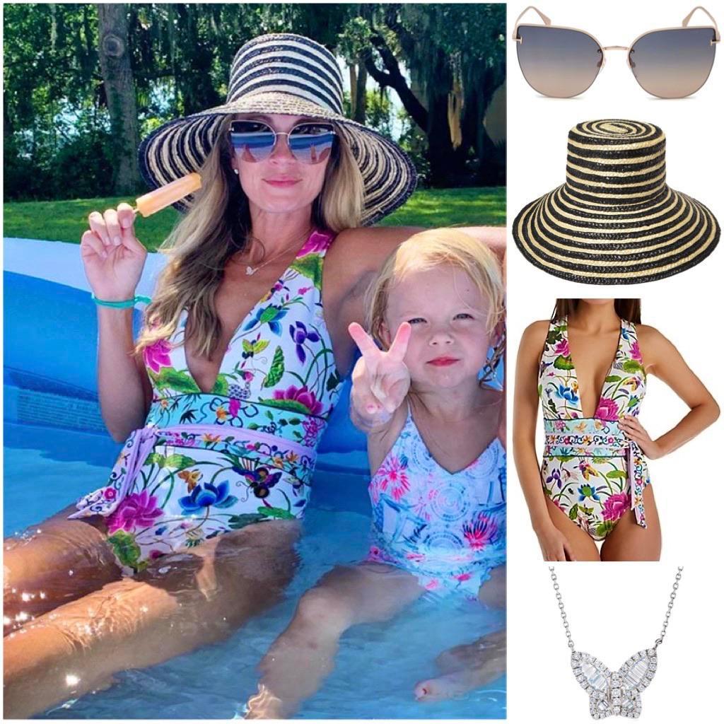 Cameran wearing Tom Ford sunglasses, a Eugenia Kim hat, a Nanette Lepore swimsuit and a Nicole ...