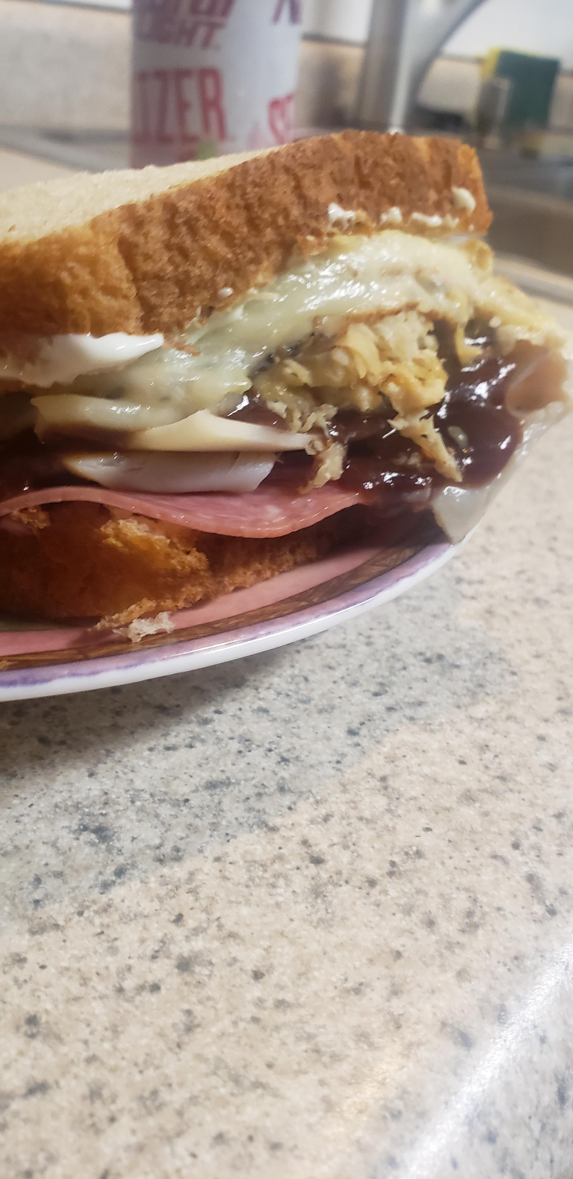 Chicken melt with pepper Jack bbq mozz Turkey and hard salami | Scrolller