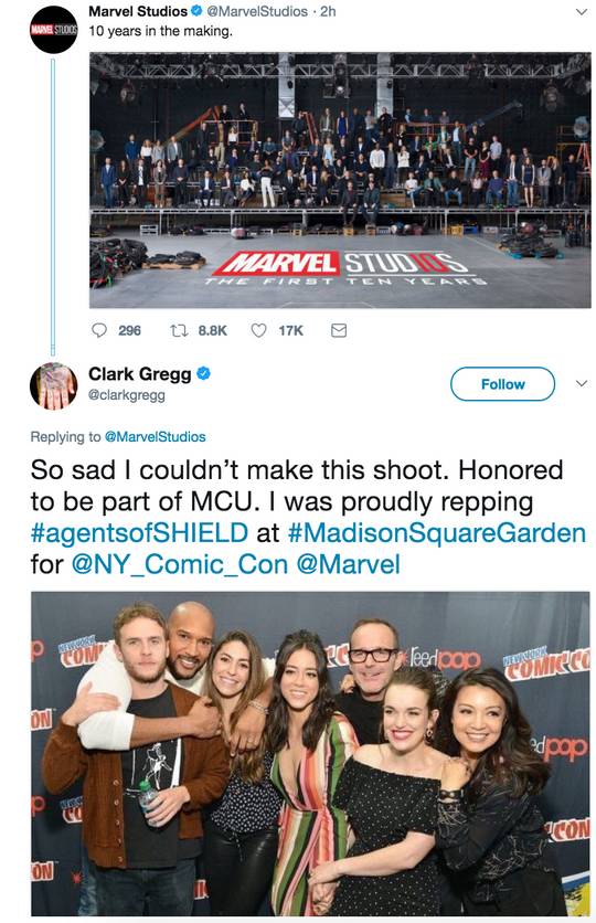 Clark Gregg could not attend Marvel Studios' 10-year anniversary photoshoot because he was ...