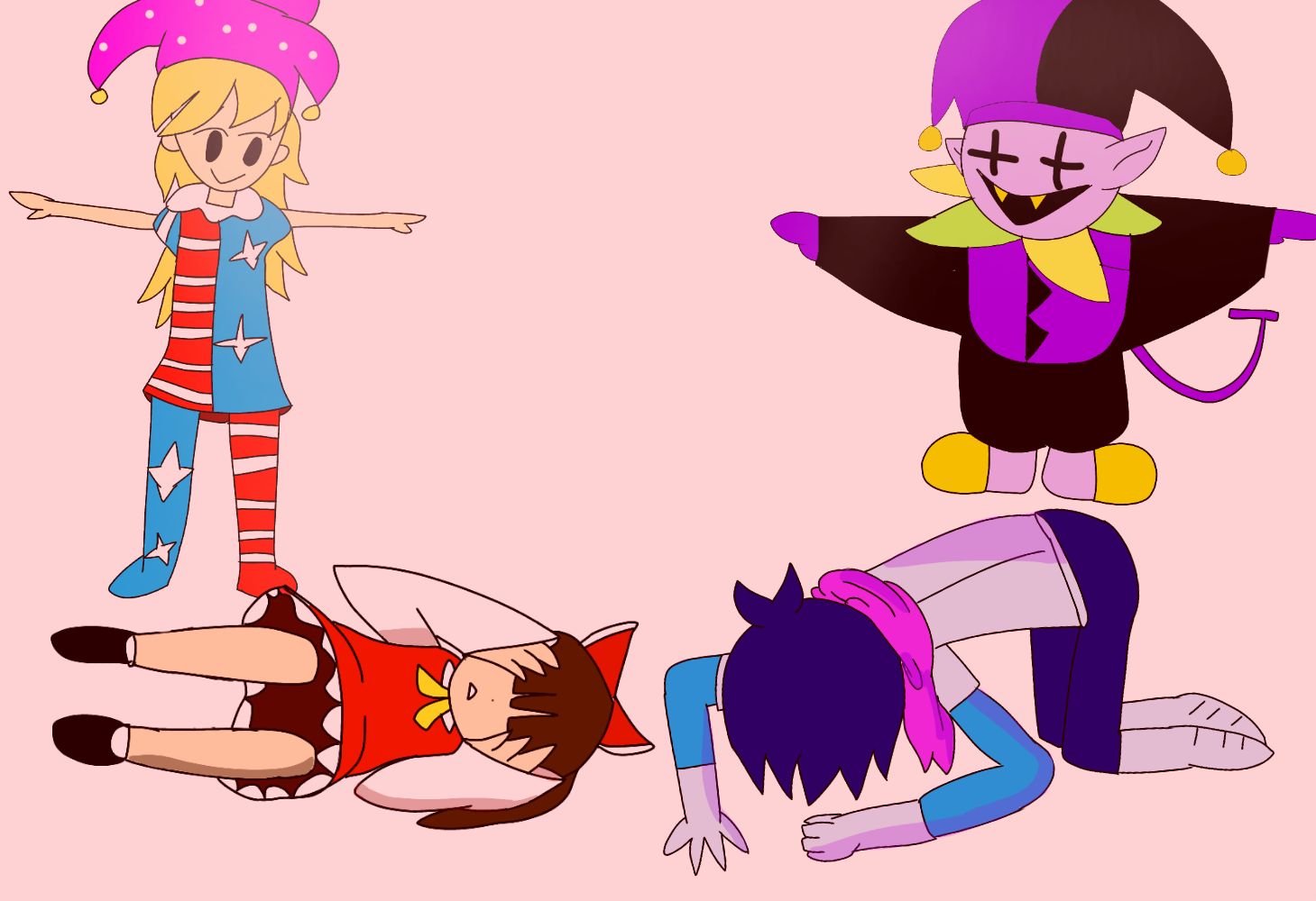 Clownpiece and jevil t-posing over reimu and kris (by me) | Scrolller