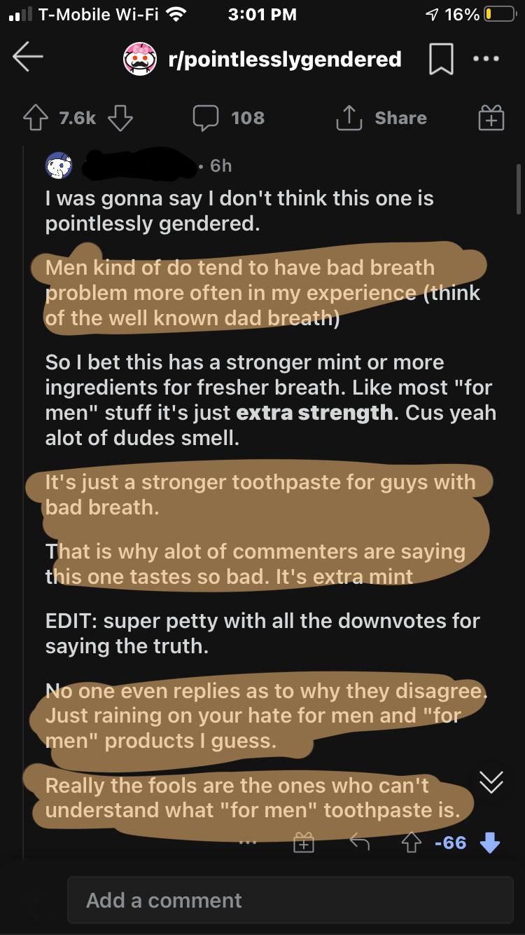 Context: It was something about toothpaste for men and how it’s too strong for women. | Scrolller