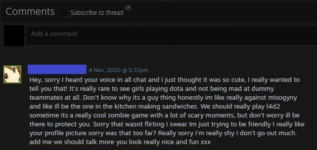 copypasta worthy candidate (girl's steam profile comment) | Scrolller