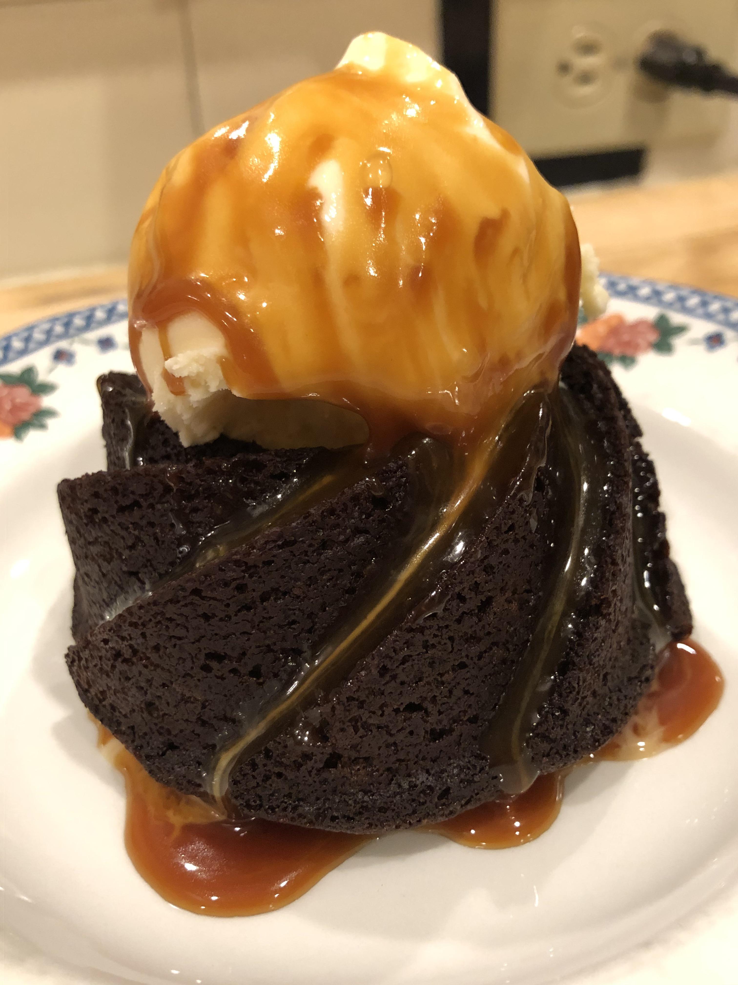 Dark Chocolate Bundt topped with Vanilla Ice Cream and Bourbon Caramel. | Scrolller