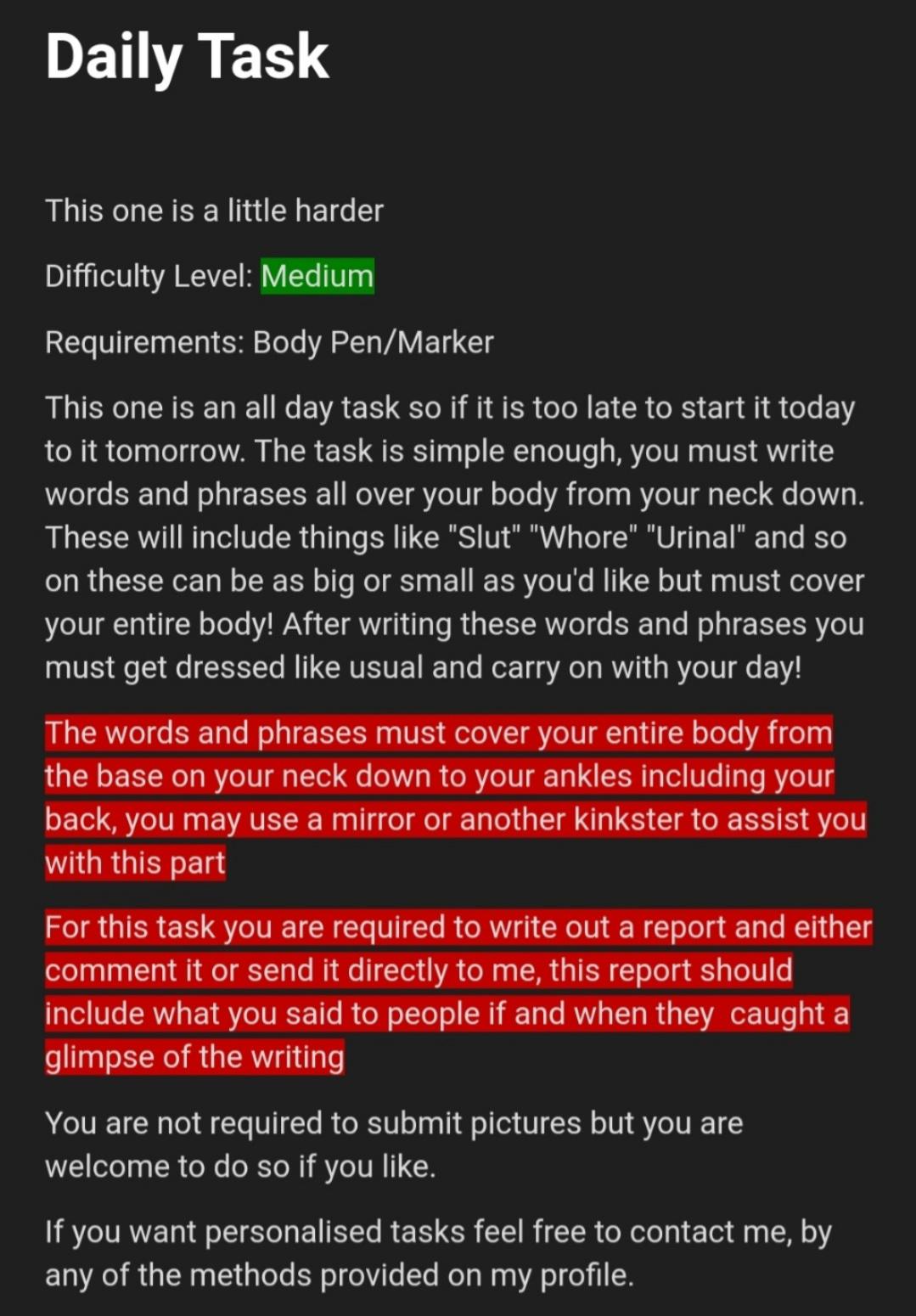 Day 3 of bdsm tasks to be completed by anyone these tasks range from easy to expert, and all ...