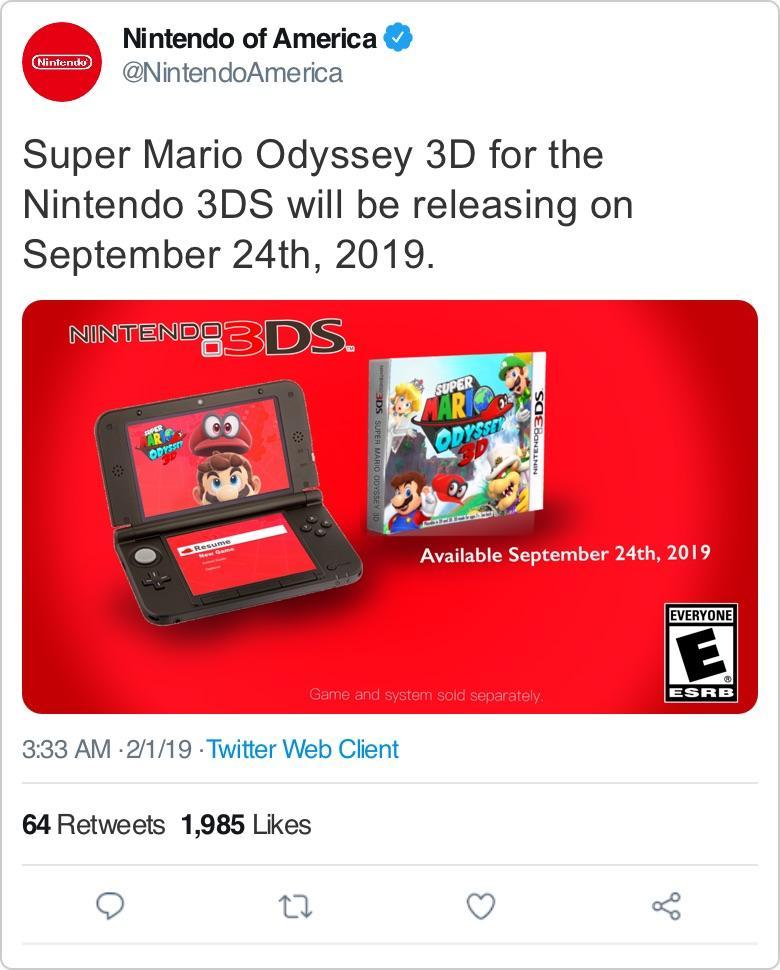 Deleted Nintendo Tweet revealing Mario Odyssey 3DS Port and Release Date for it. | Scrolller