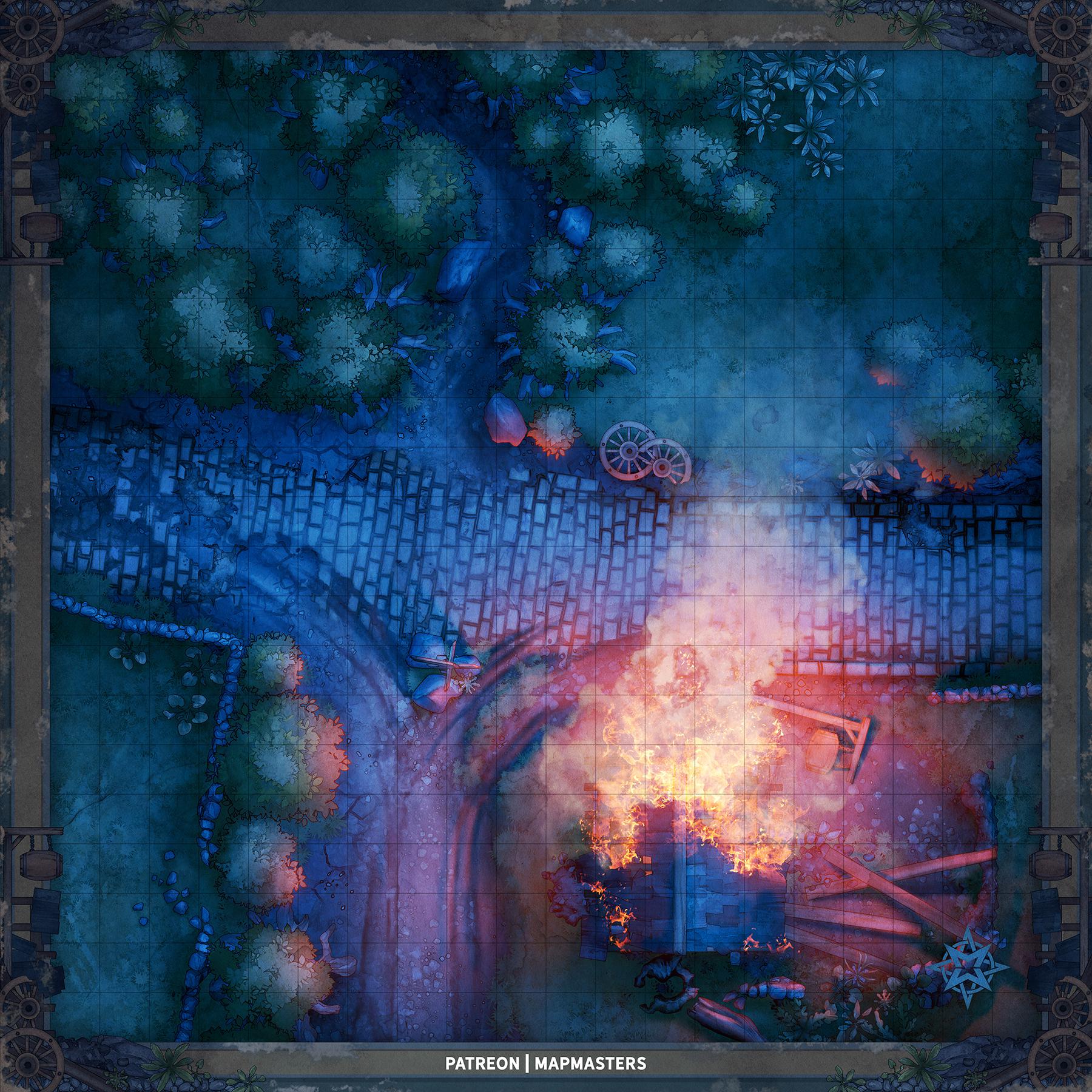 Fire at Midnight, Crossroads variation [battlemap] - [20x20] | Scrolller