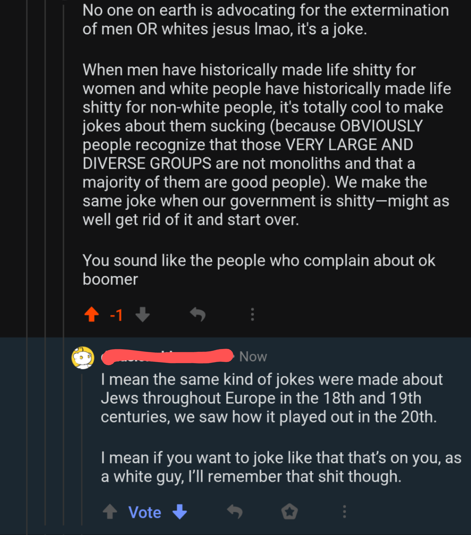 Fragile White Redditor vows to remember all jokes about white men once the White Male Holocaust ...