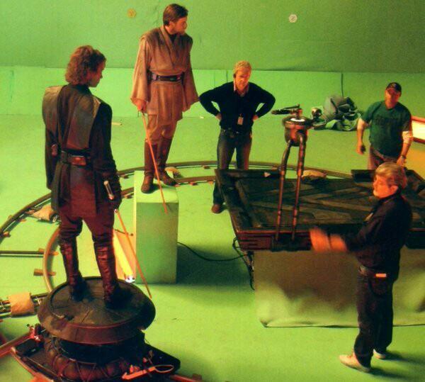 George Lucas, Hayden Christensen, and Ewan McGregor on the set of Rots during the mustafar duel ...