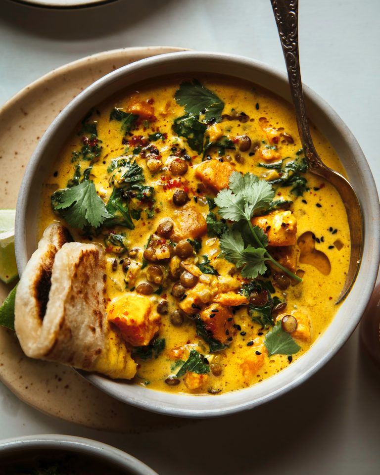 GINGER SWEET POTATO COCONUT MILK STEW WITH LENTILS & KALE | Scrolller