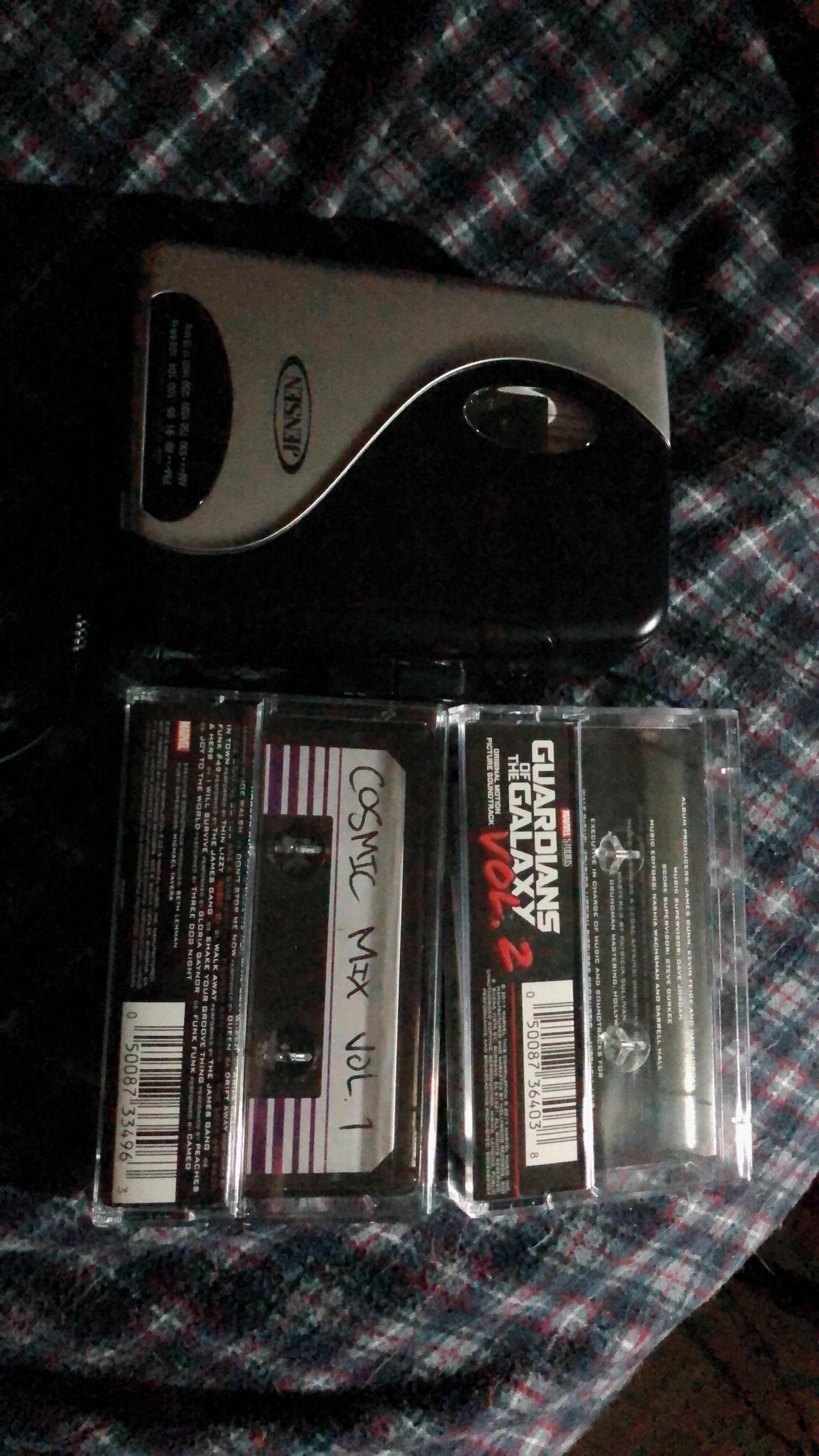 Guardians of the Galaxy cassette 1 and 2 and a cassette player for movie collection | Scrolller