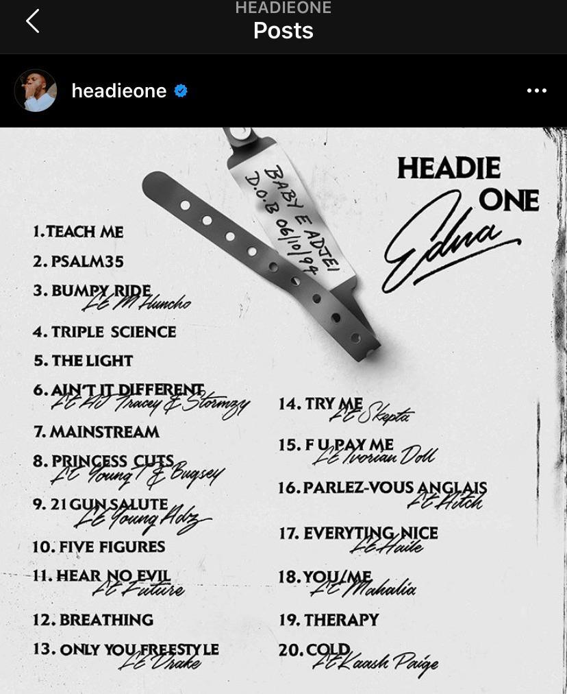 Headie One ‘Edna’ tracklist. | Scrolller