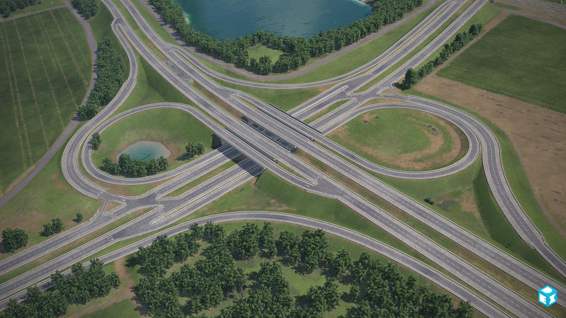 Here is a new interchange build in #transportfever2. Its a partial cloverleaf w an A4 ...