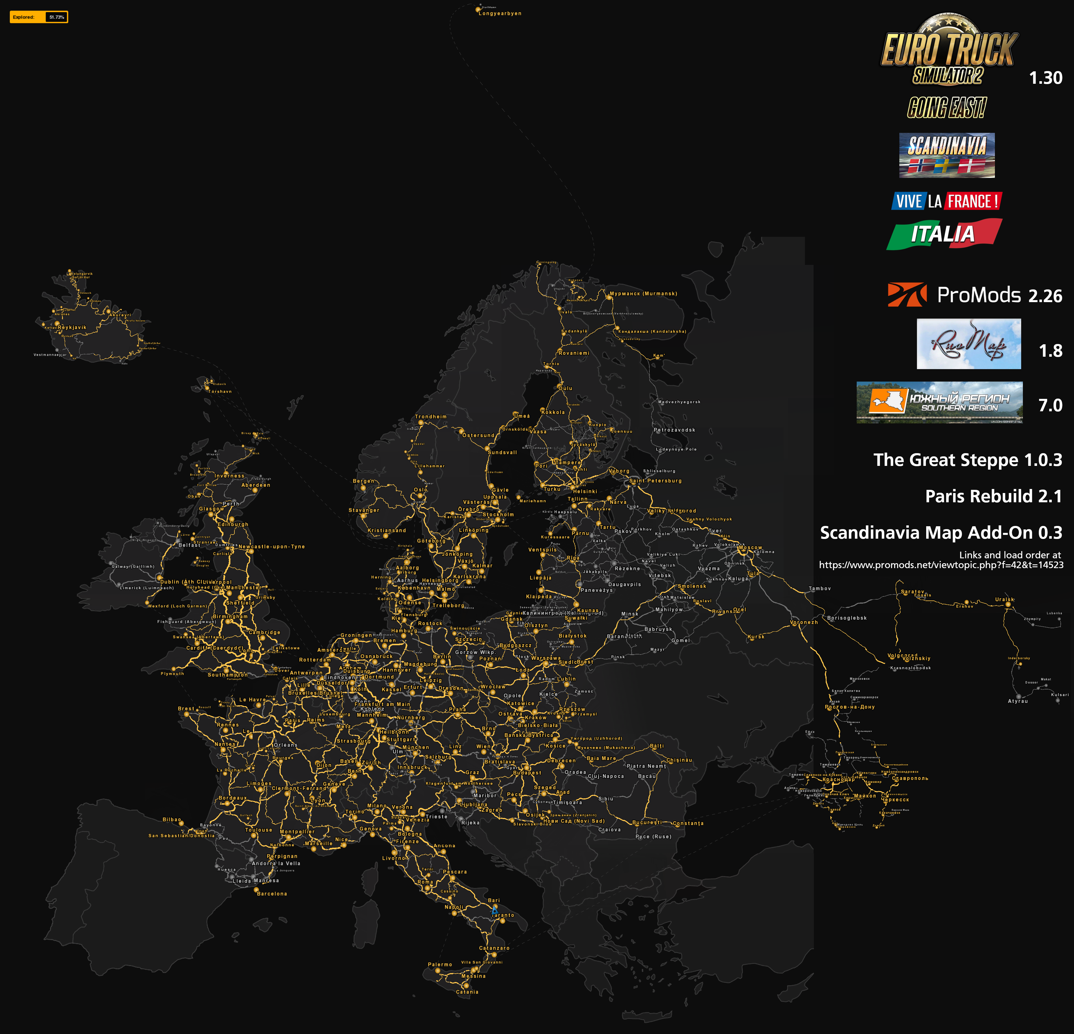 Here's what ETS 2's full map looks like with all DLC, ProMods, RusMap, Southern Region Map, The ...