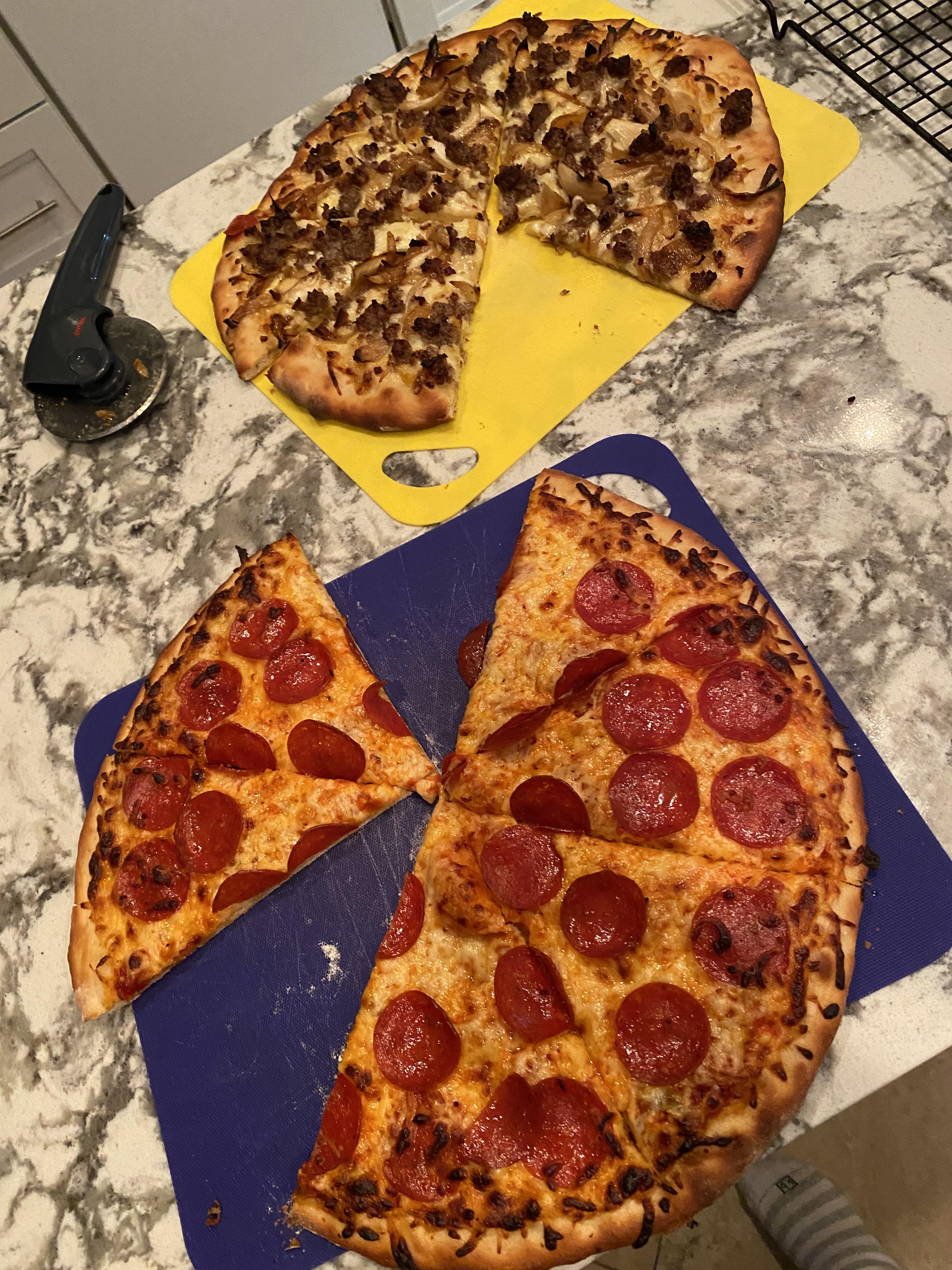 Homemade Pizza! Made completely from scratch. Bottom is pepperoni and top is sausage and fennel ...