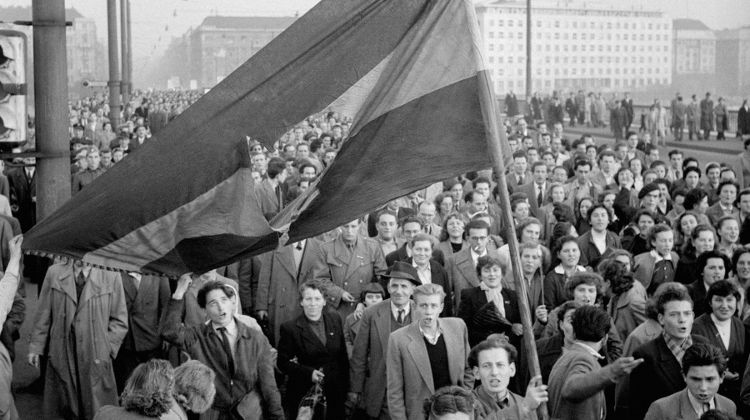 Hungarian revolutionaries wave the national flag with the hammer and sickle cut out, 1956 [750 x ...
