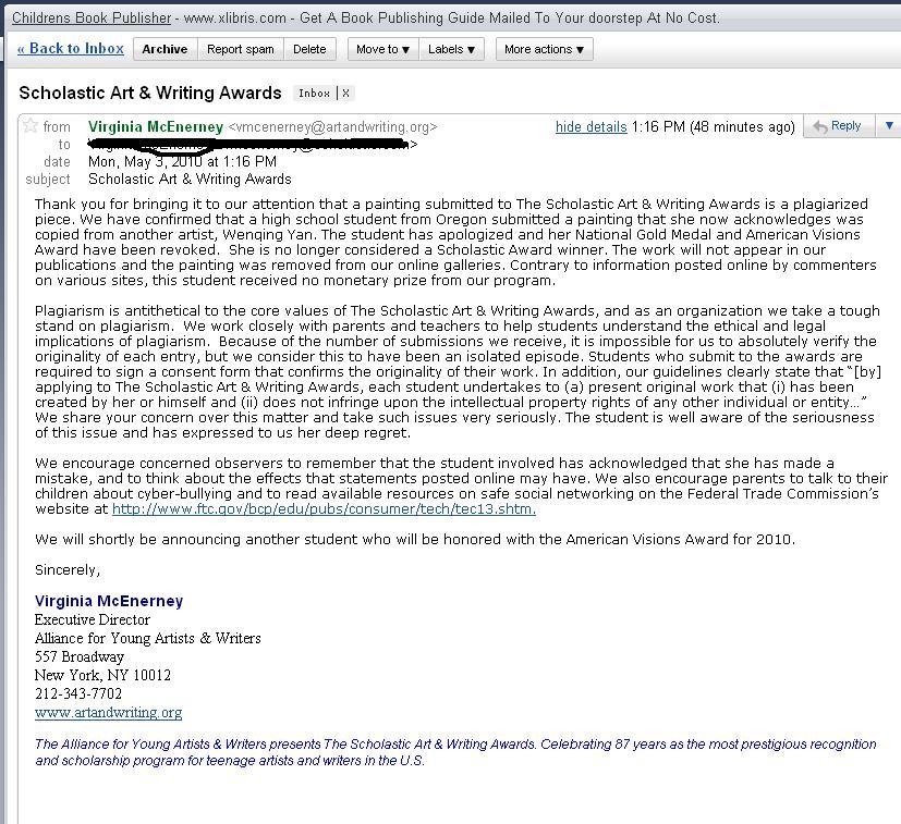 I emailed Scholastic about the stolen art. Here is the response. | Scrolller