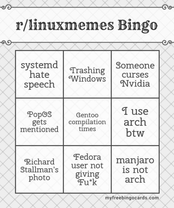 I made a bingo for r/linuxmeme :) | Scrolller