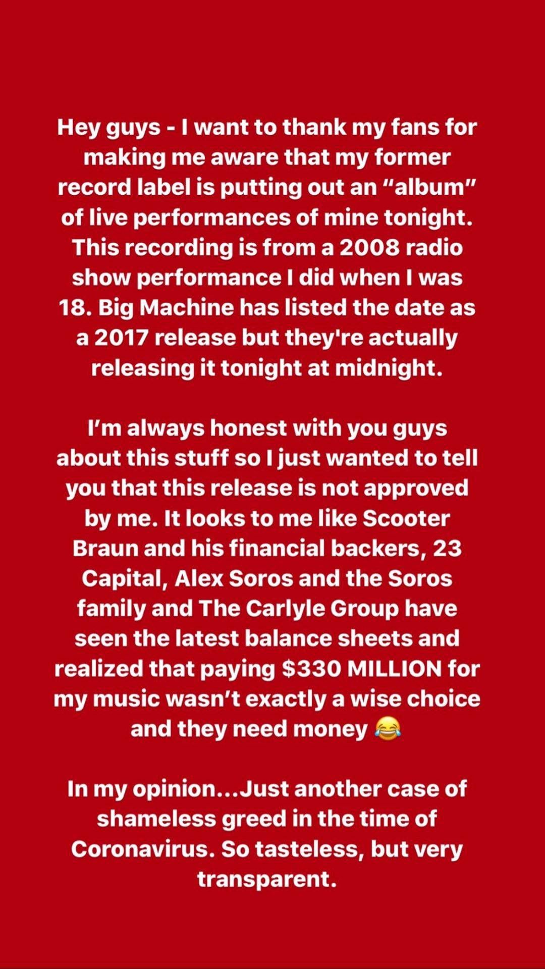 IG Story - Statement on Big Machine Live Performances release | Scrolller