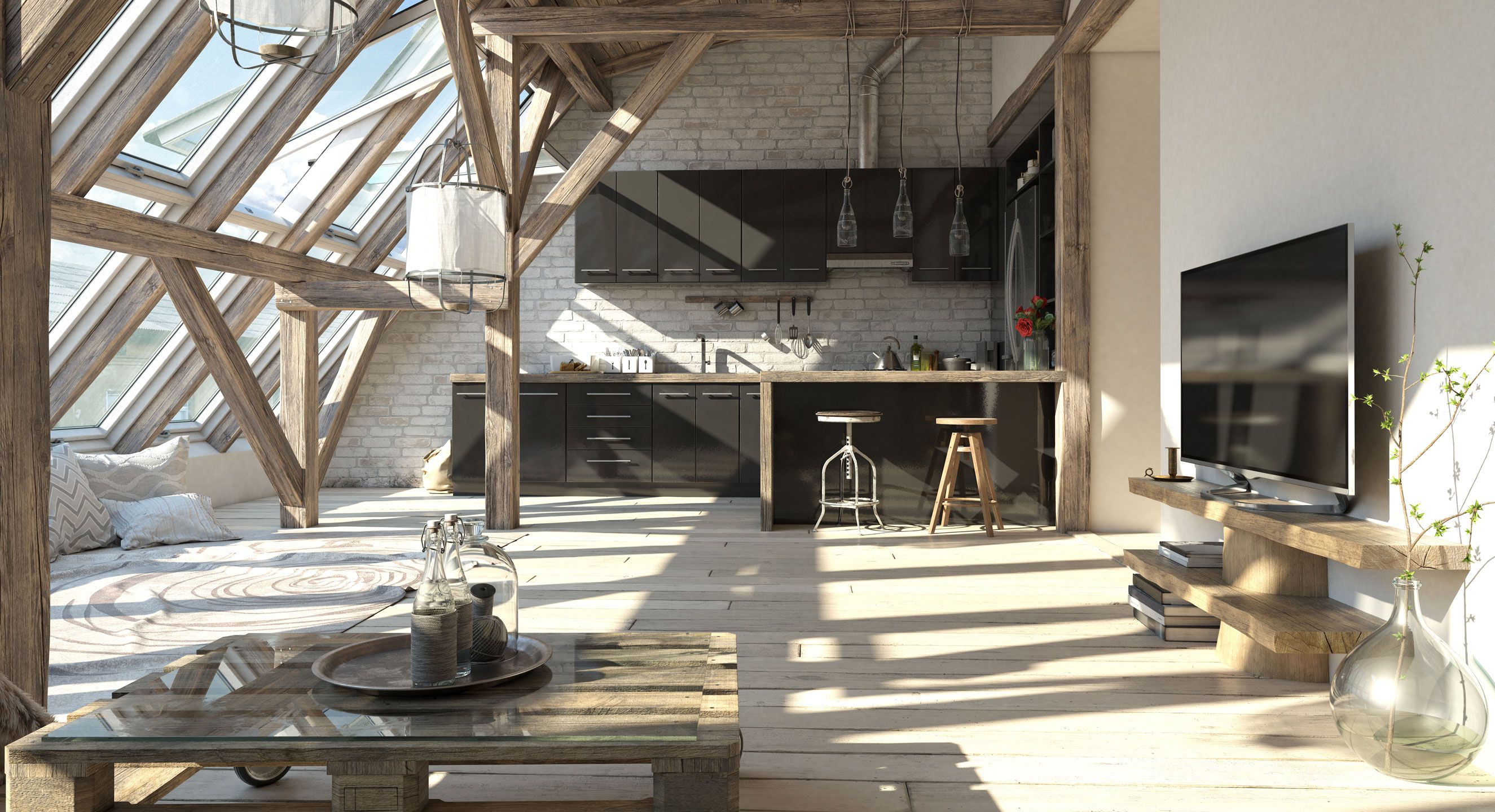 Industrial Wood Interior Design Attic [2650 x 1440] Render | Scrolller