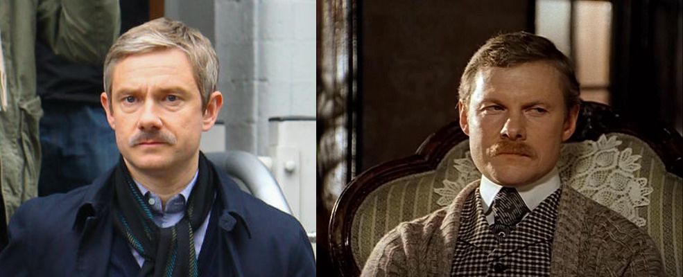 John Watson (Martin Freeman) with the mustache looks a lot like the man who played John Watson ...