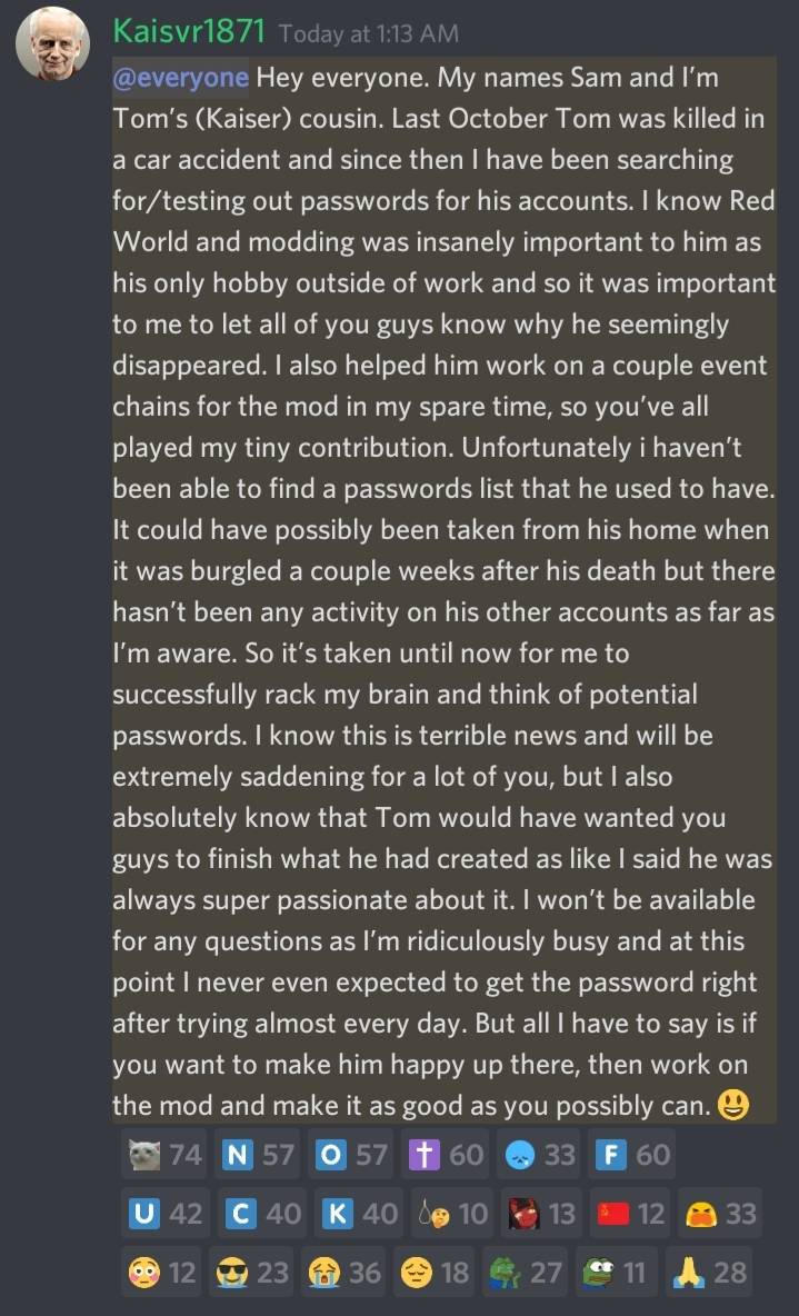 Kaiser, creator of Red World and other mods, has passed away | Scrolller