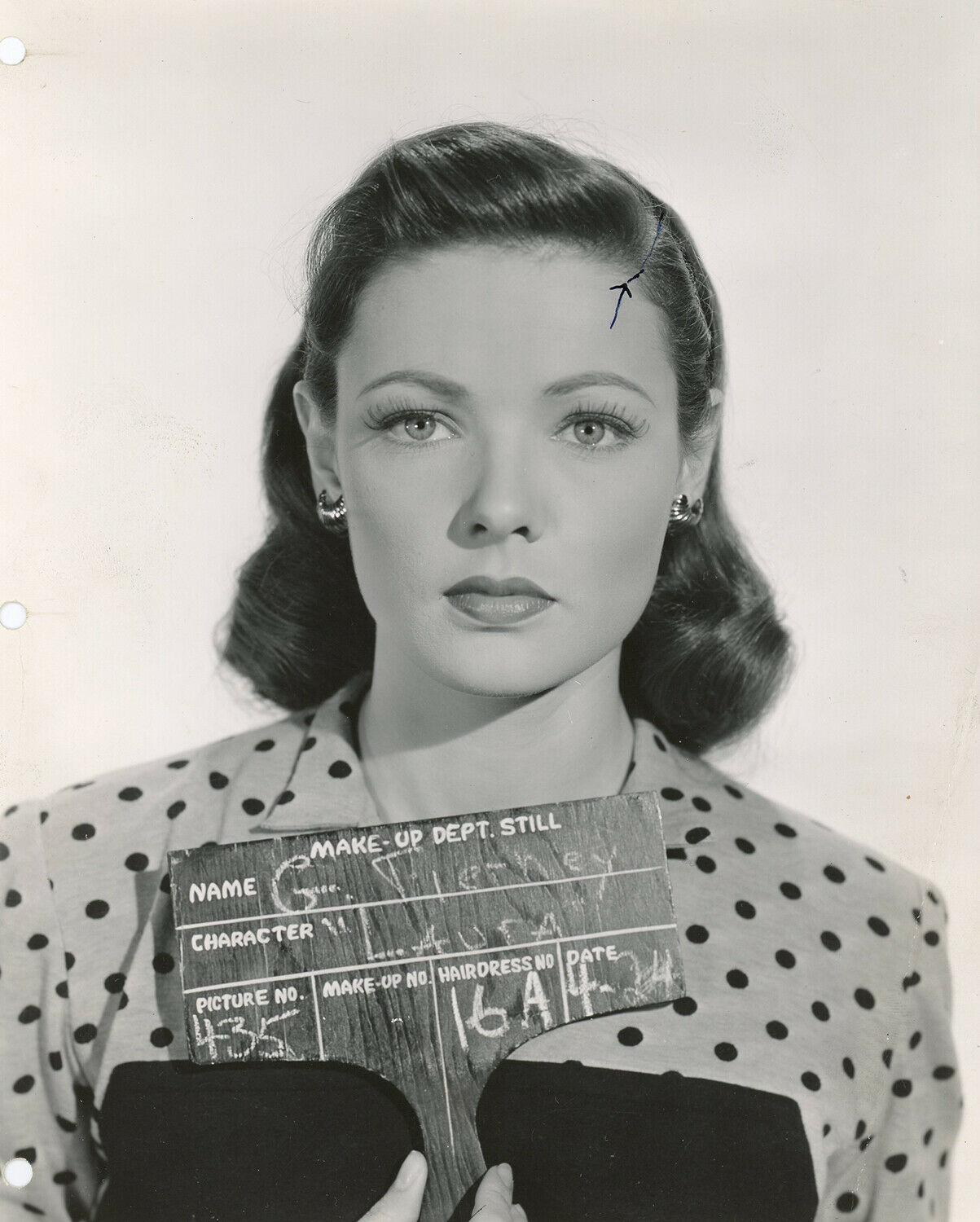 Make-Up Dept. continuity still of Gene Tierney from the set of noir murder mystery "Laura" (1944 ...