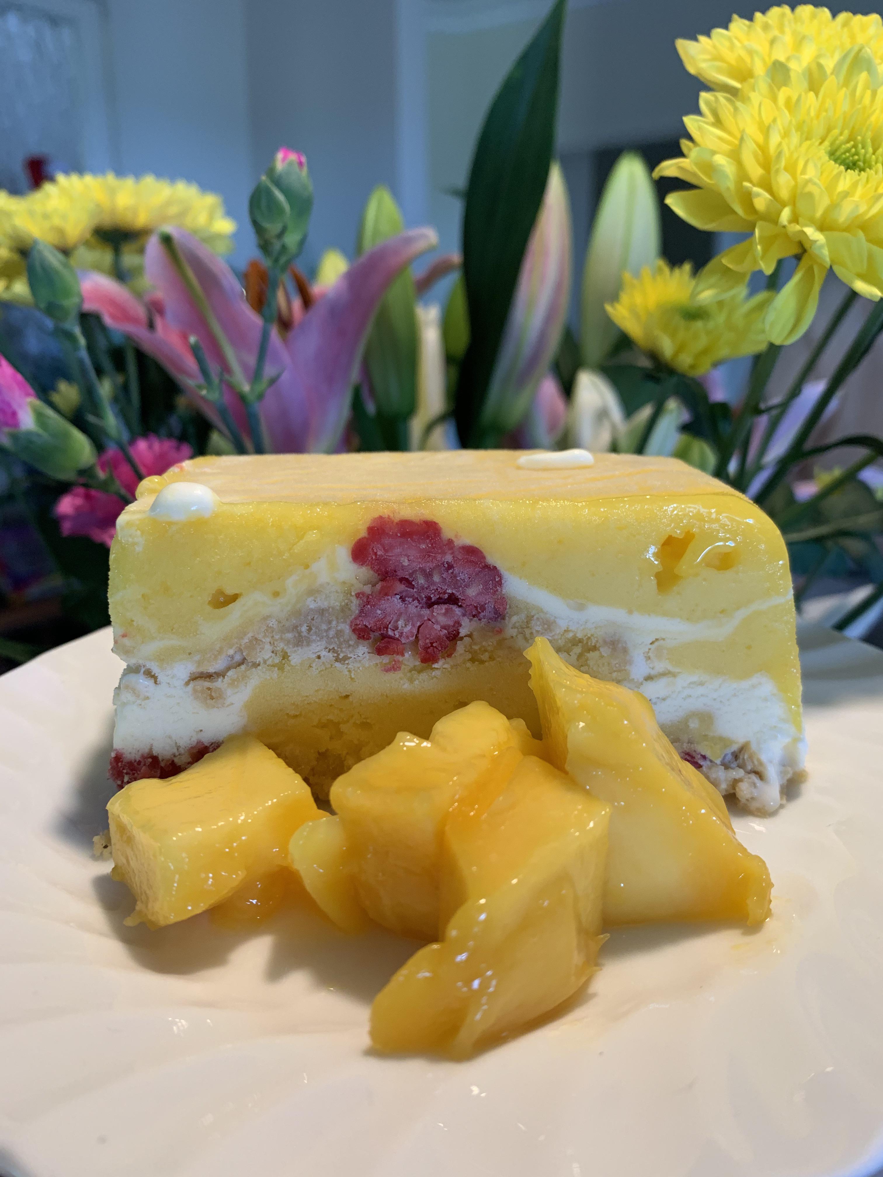Mango sorbet and vanilla ice cream cake with fresh mango and raspberries that I made for ...