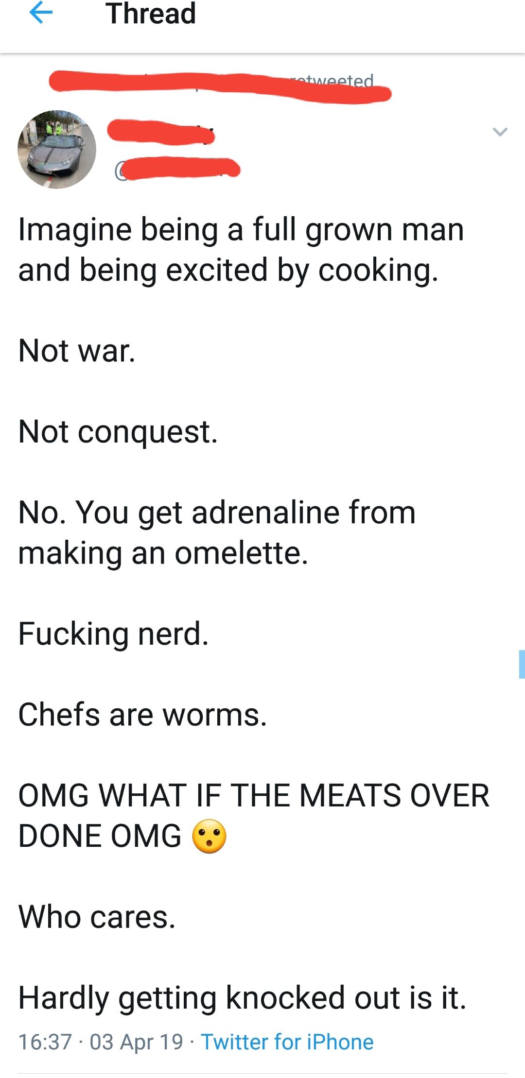 Men can't like cooking. Only war. | Scrolller