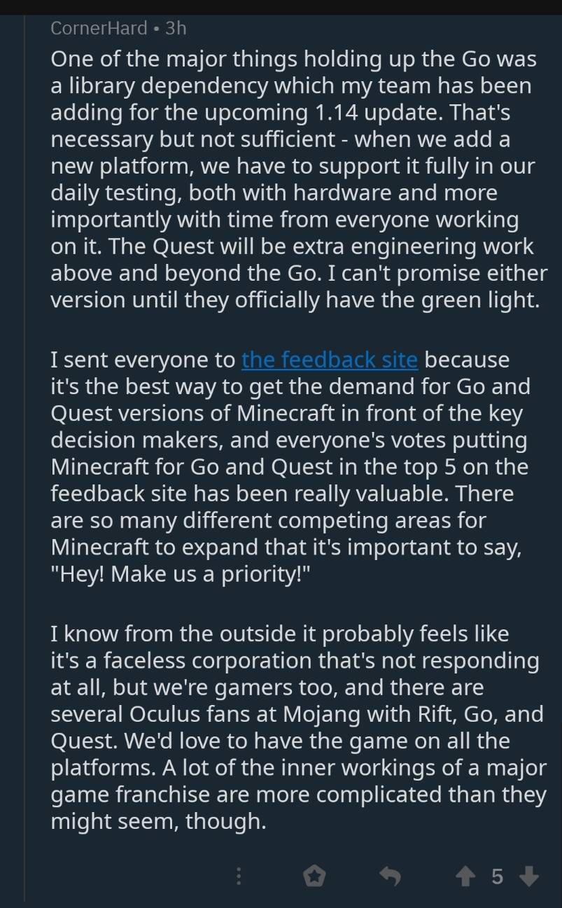 Minecraft Developer responds to "what do we have to do to get Minecraft on Quest now that we ...