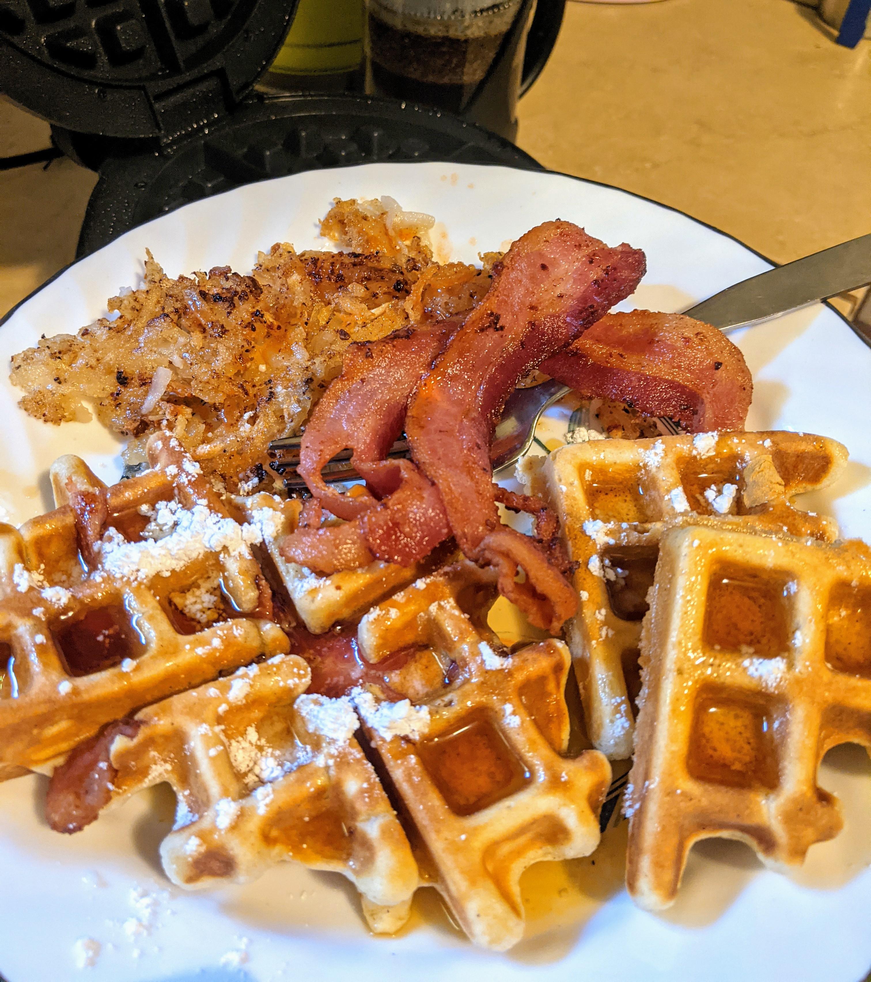 Mini bacon waffles with hash browns and extra bacon on top! | Scrolller