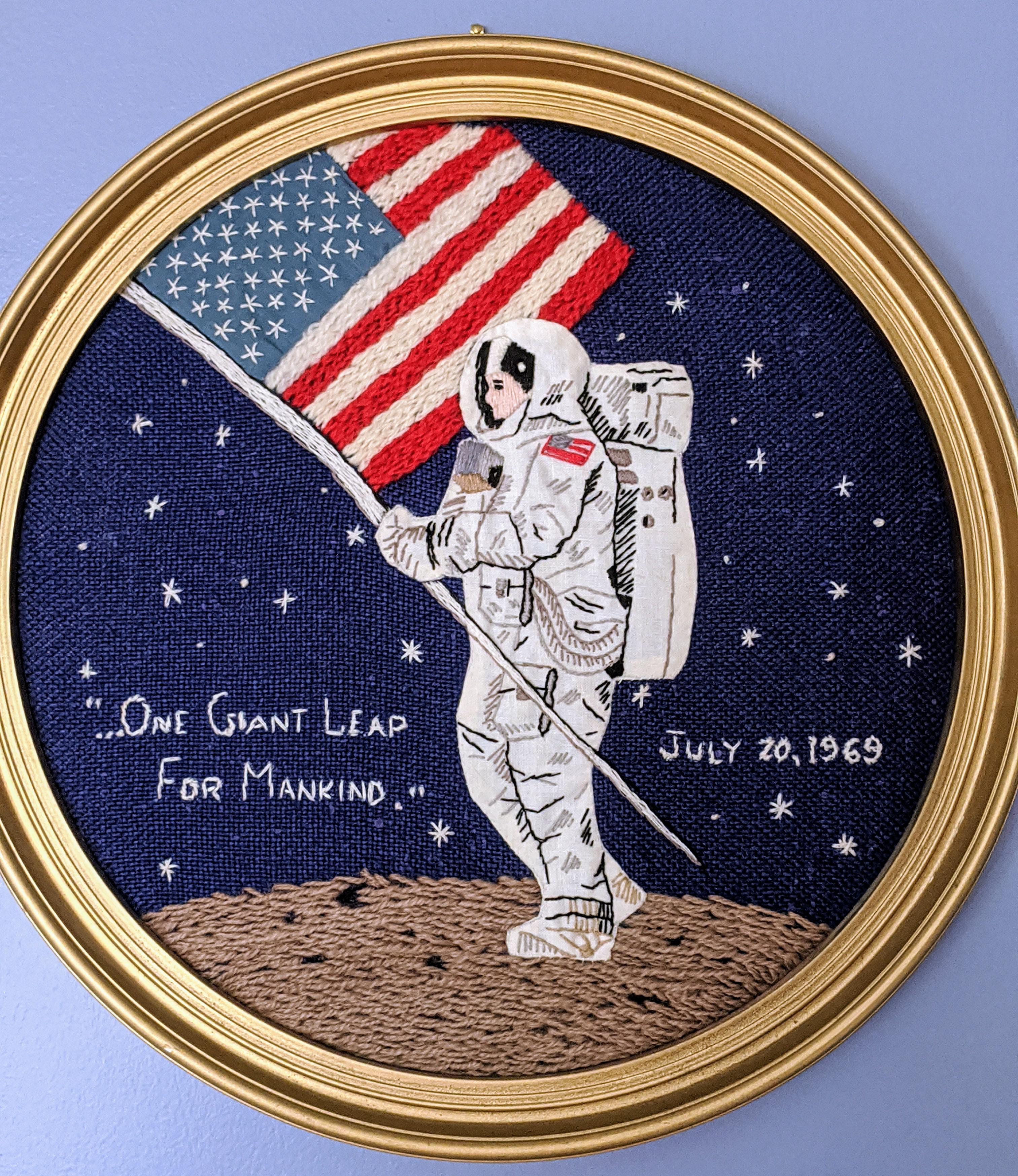 Moon landing embroidery in my daughter's space-themed nursery. It was ...