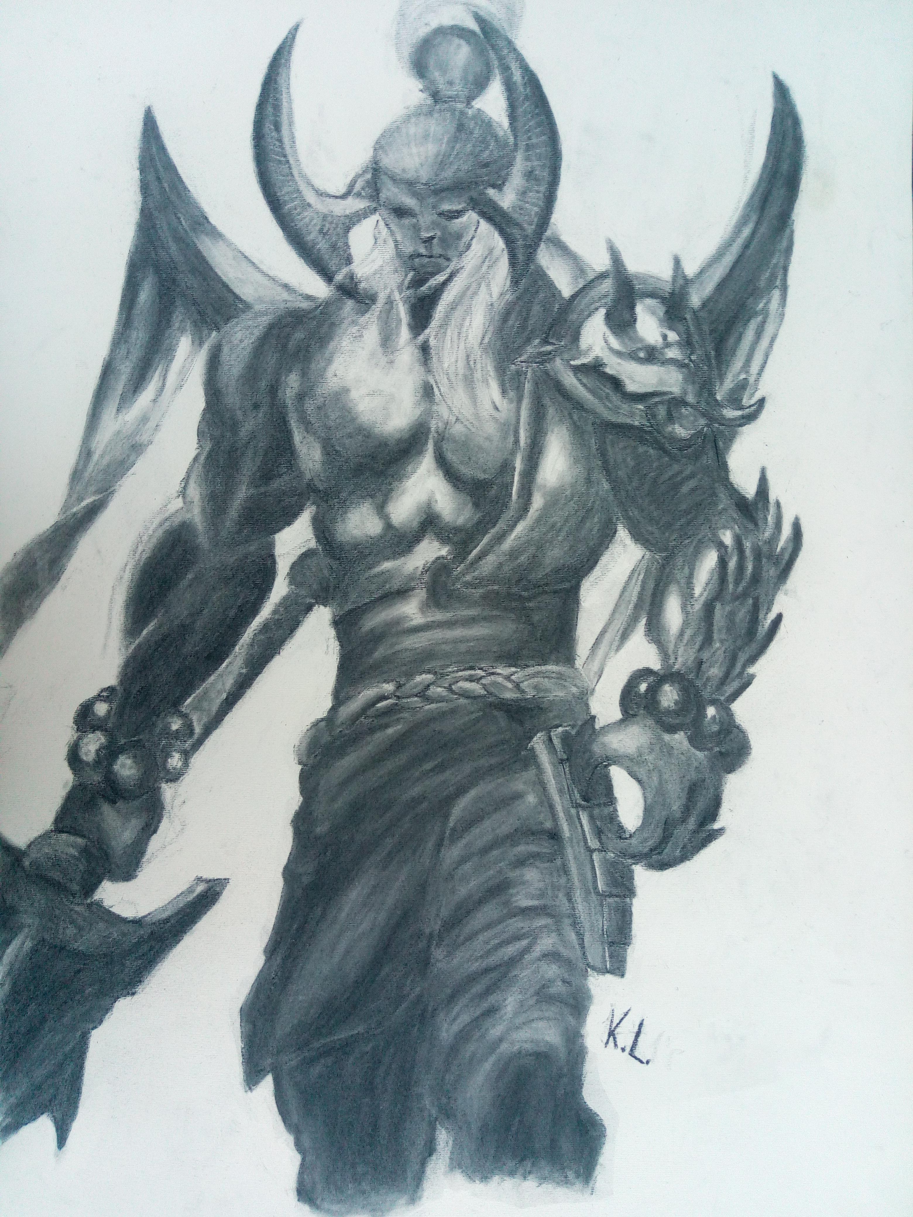 My take on Blood Moon Aatrox, with coal this time! Size 50x70, with a lot of love! | Scrolller