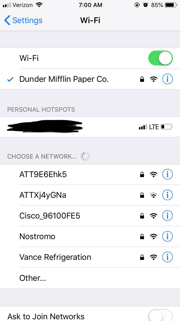 My WiFi is named Dunder Mifflin Paper Co. My neighbors just changed theirs to Vance ...