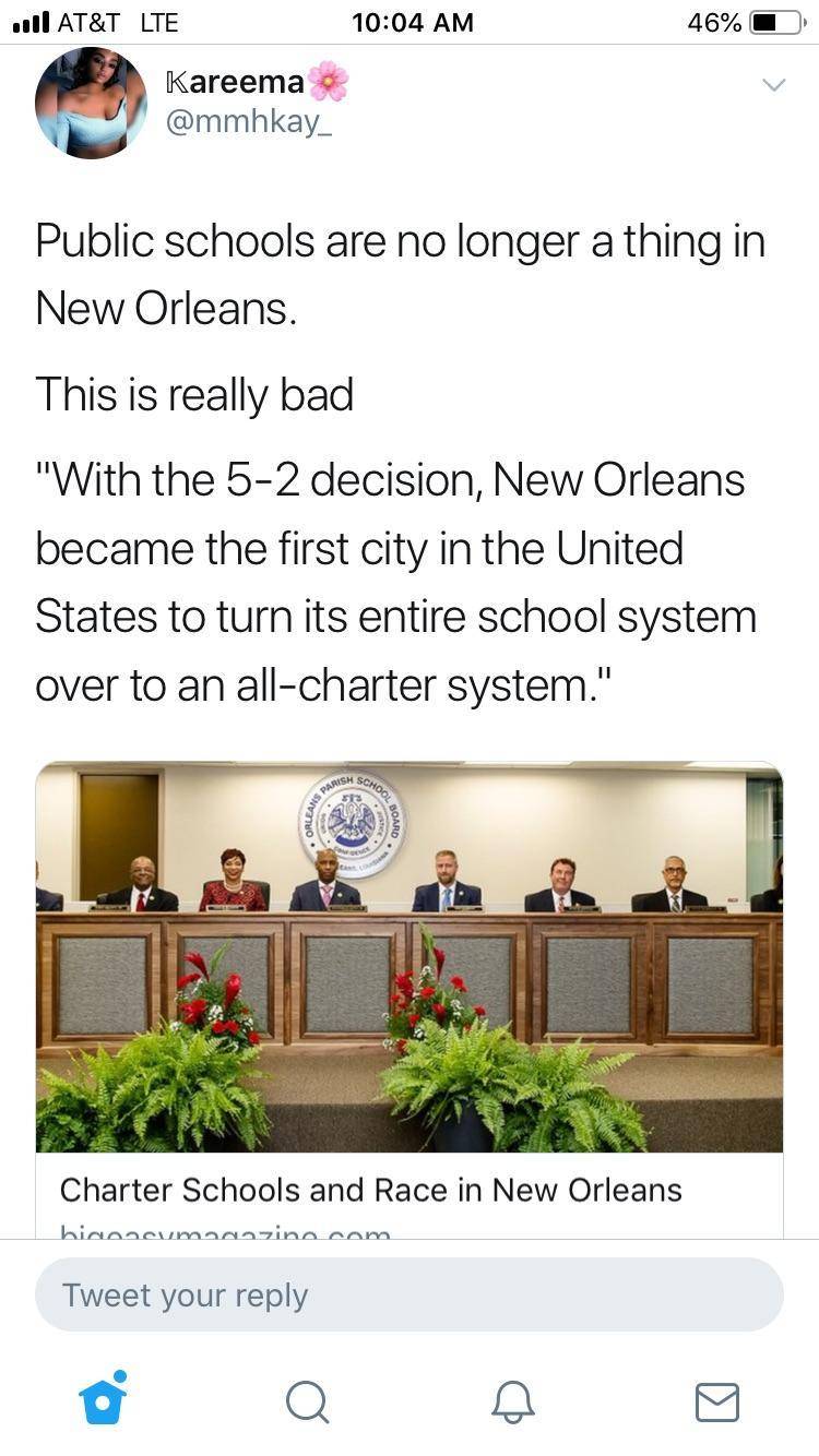 New Orleans goes to an all charter school system. There are now no public schools in the city ...