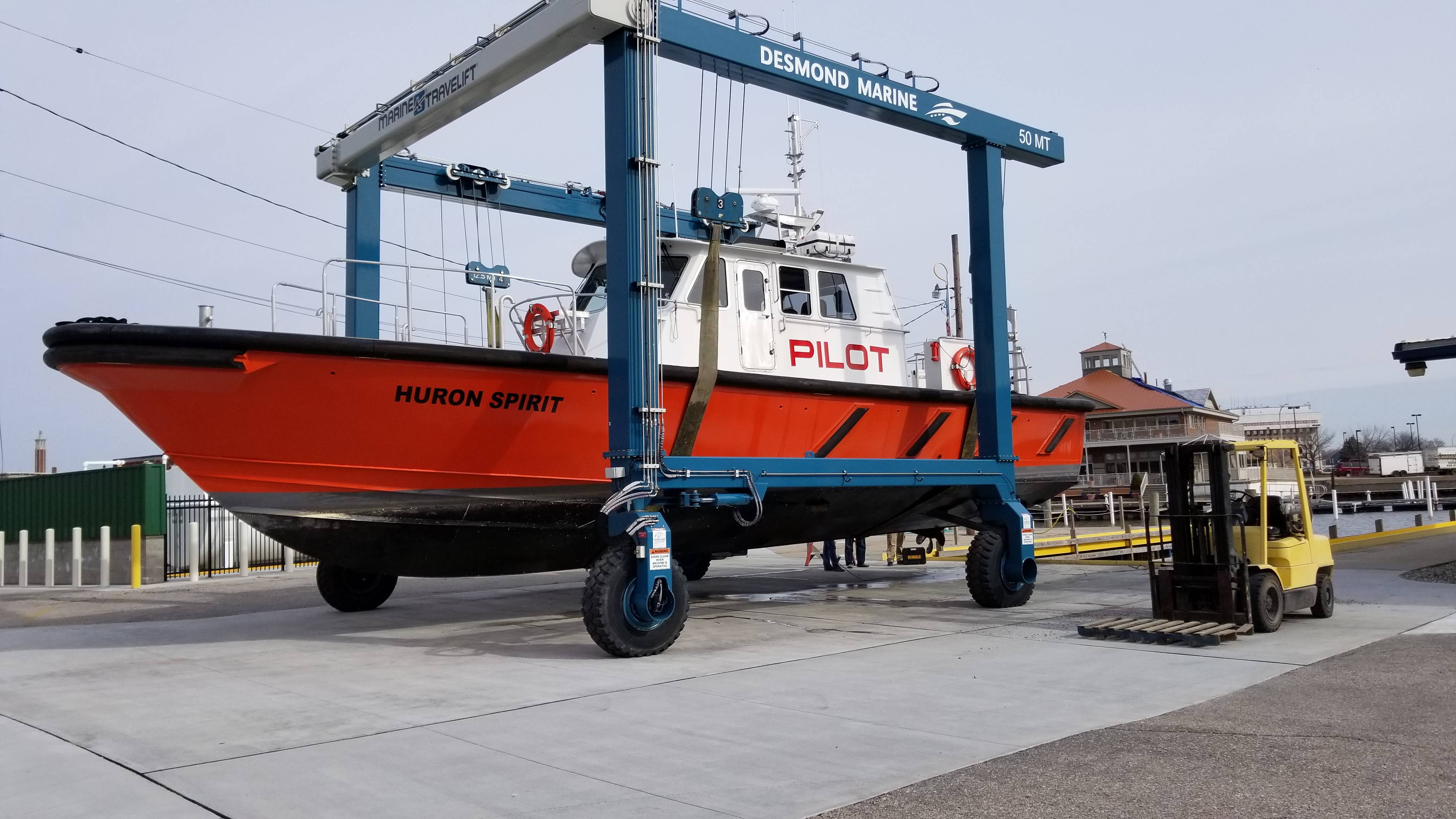 Not quite a dry dock, but snapped this pic of our local Pilot Boat being inspected this AM ...