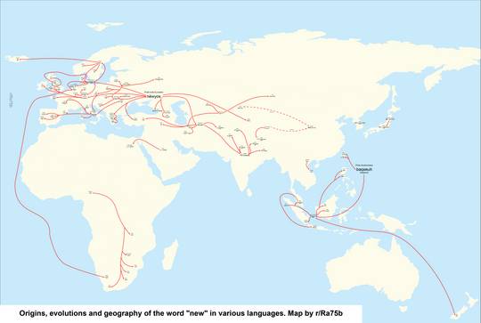 [OC] Origins, evolutions and geography of the word "new" in various languages | Scrolller