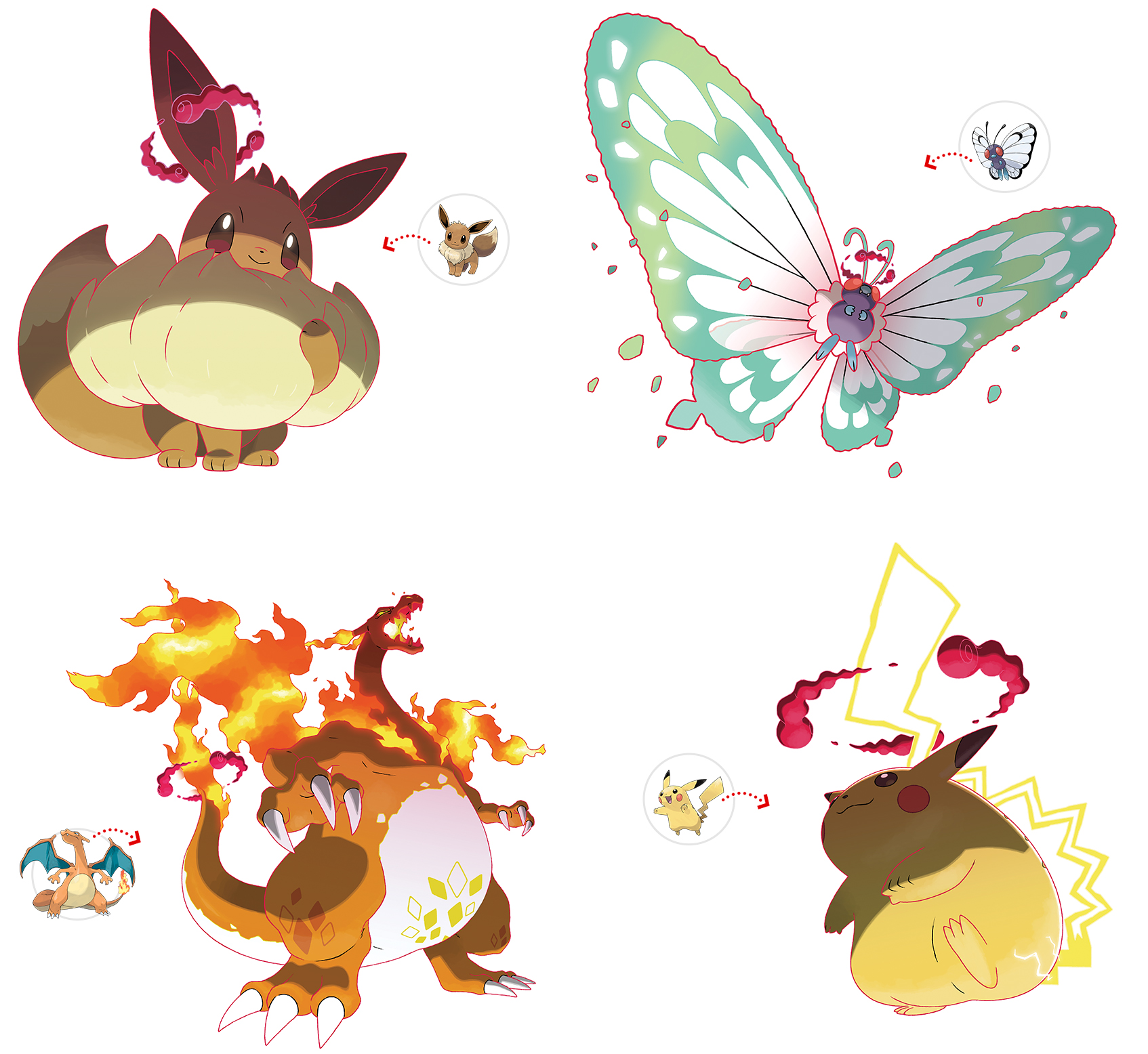 Official Artwork for Gigantamax Pikachu, Buterfree, Charizard and Eevee | Scrolller