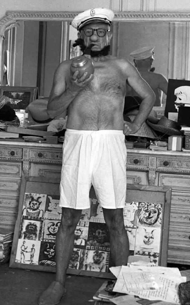 Pablo Picasso dressed up as Popeye the Sailor, 1957 | Scrolller